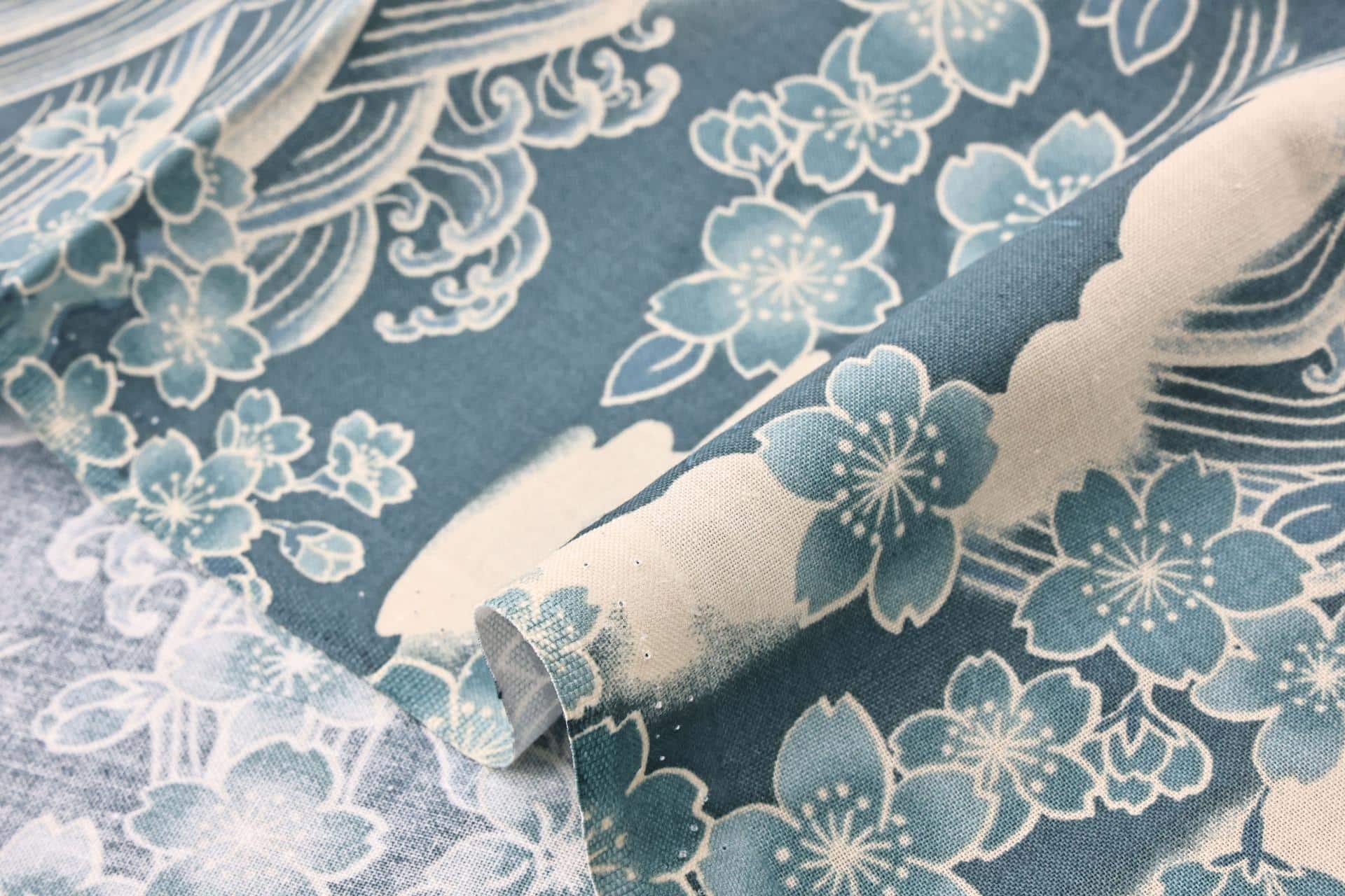 Sakura and mount Fuji fabric on blue background - diy district