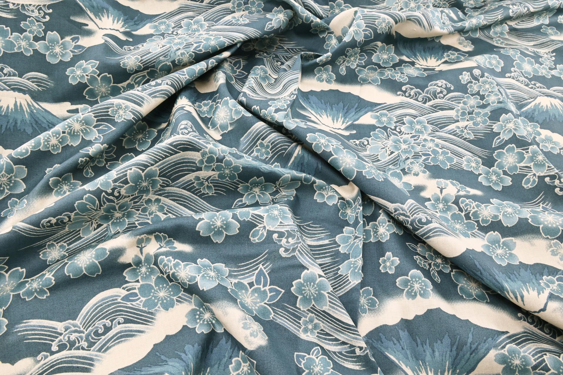 Sakura and mount Fuji fabric on blue background - diy district