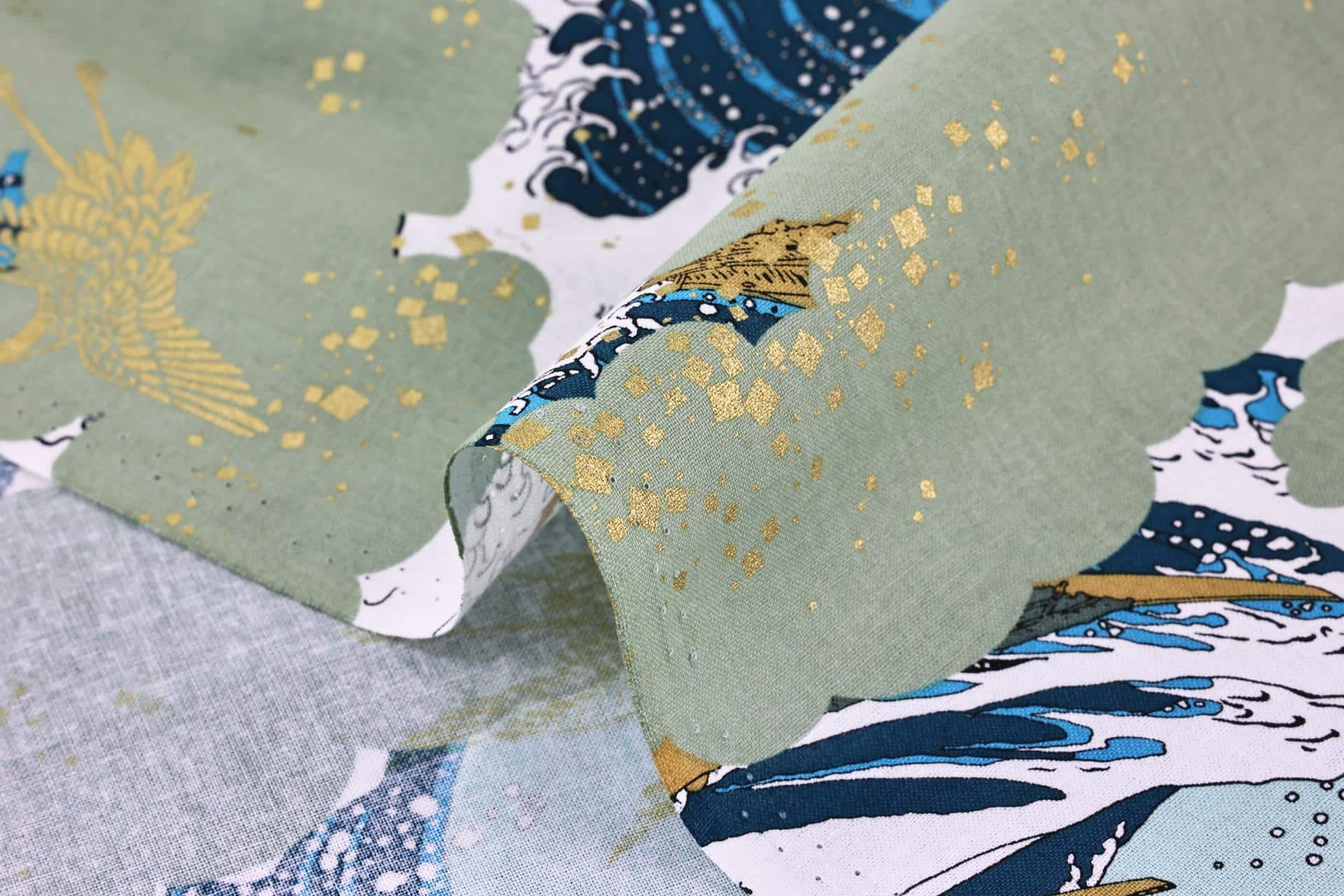 Japanese fabric Ukiyoe Kanagawa wave green background - diy district