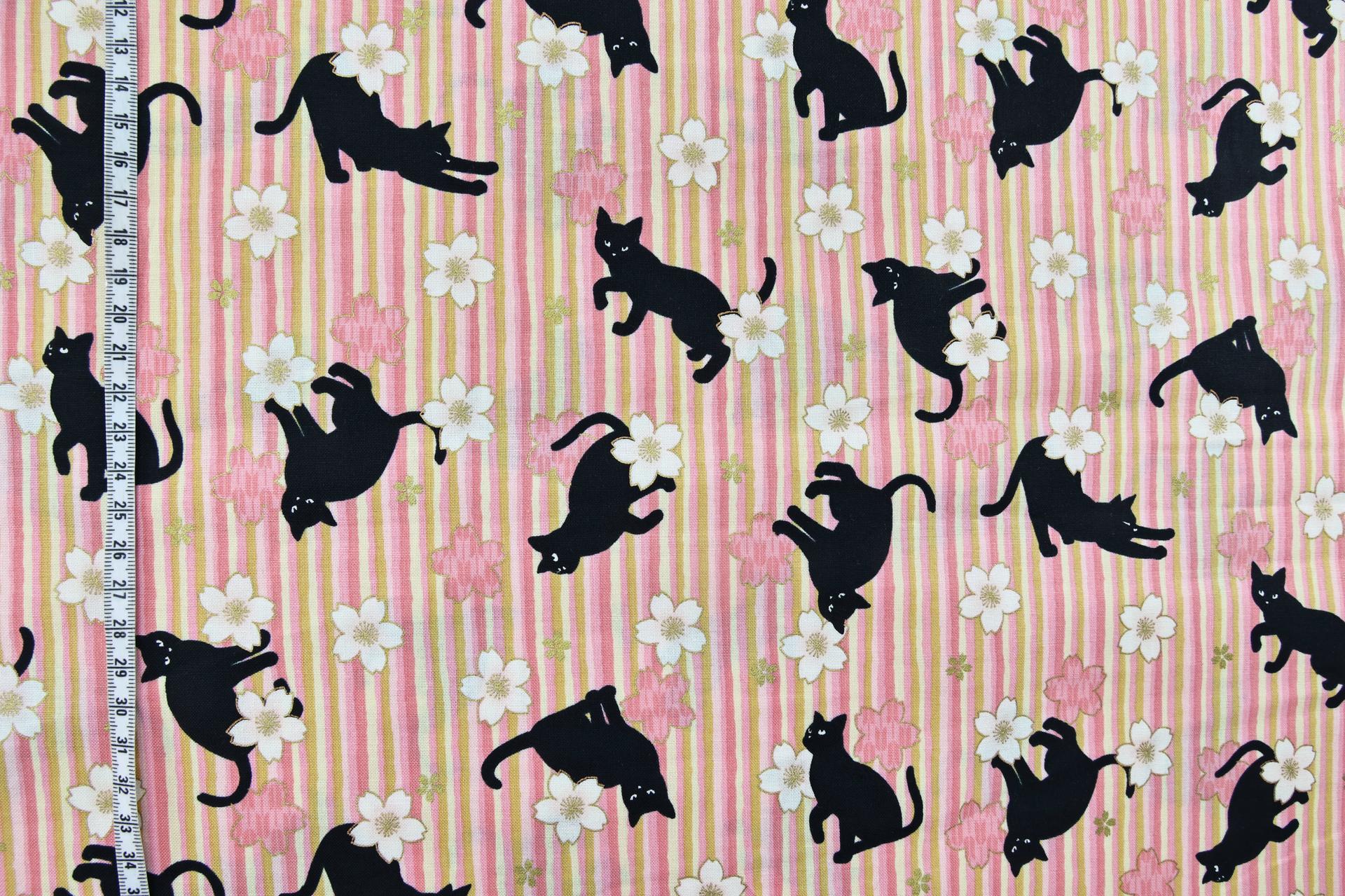 Black Neko fabric with sakura on pink stripes - diy district