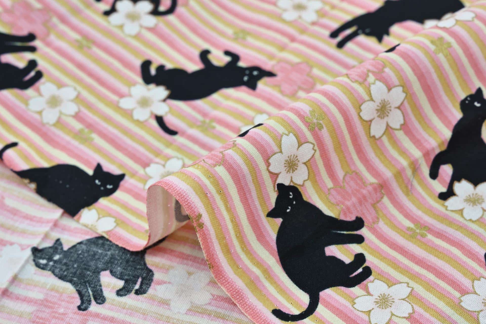 Black Neko fabric with sakura on pink stripes - diy district
