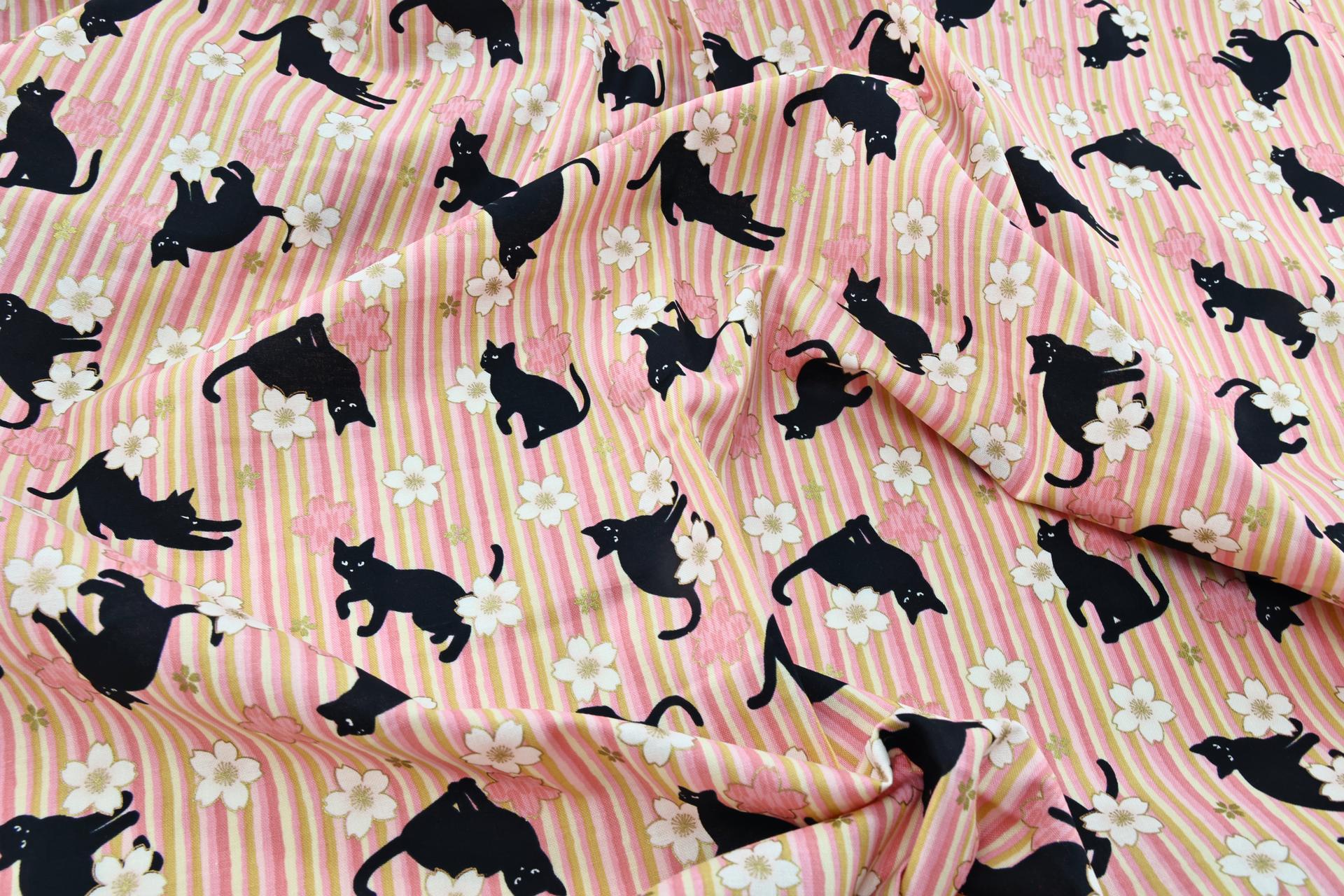 Black Neko fabric with sakura on pink stripes - diy district