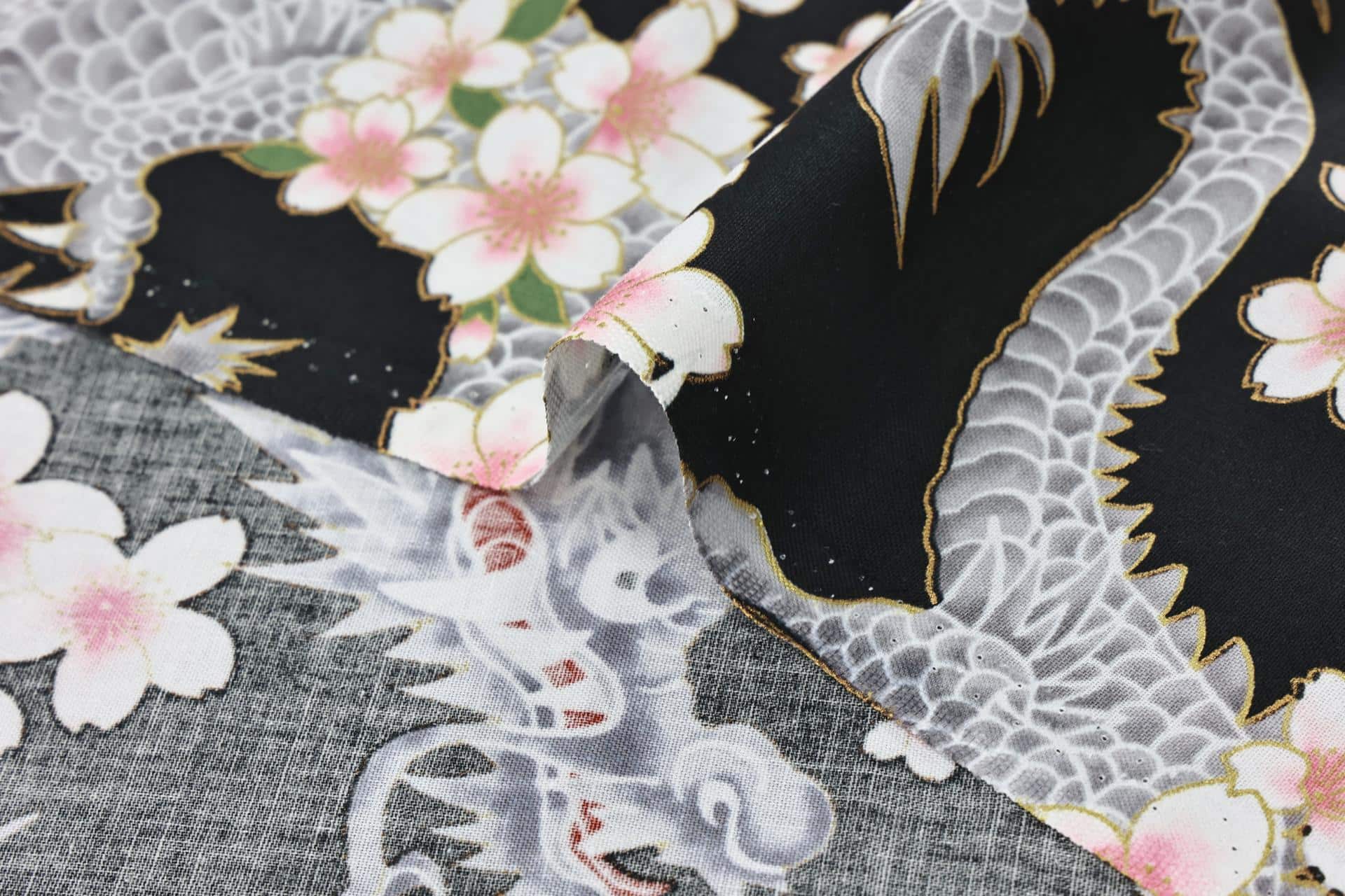 Japanese fabric Dragon and Sakura black background - diy district