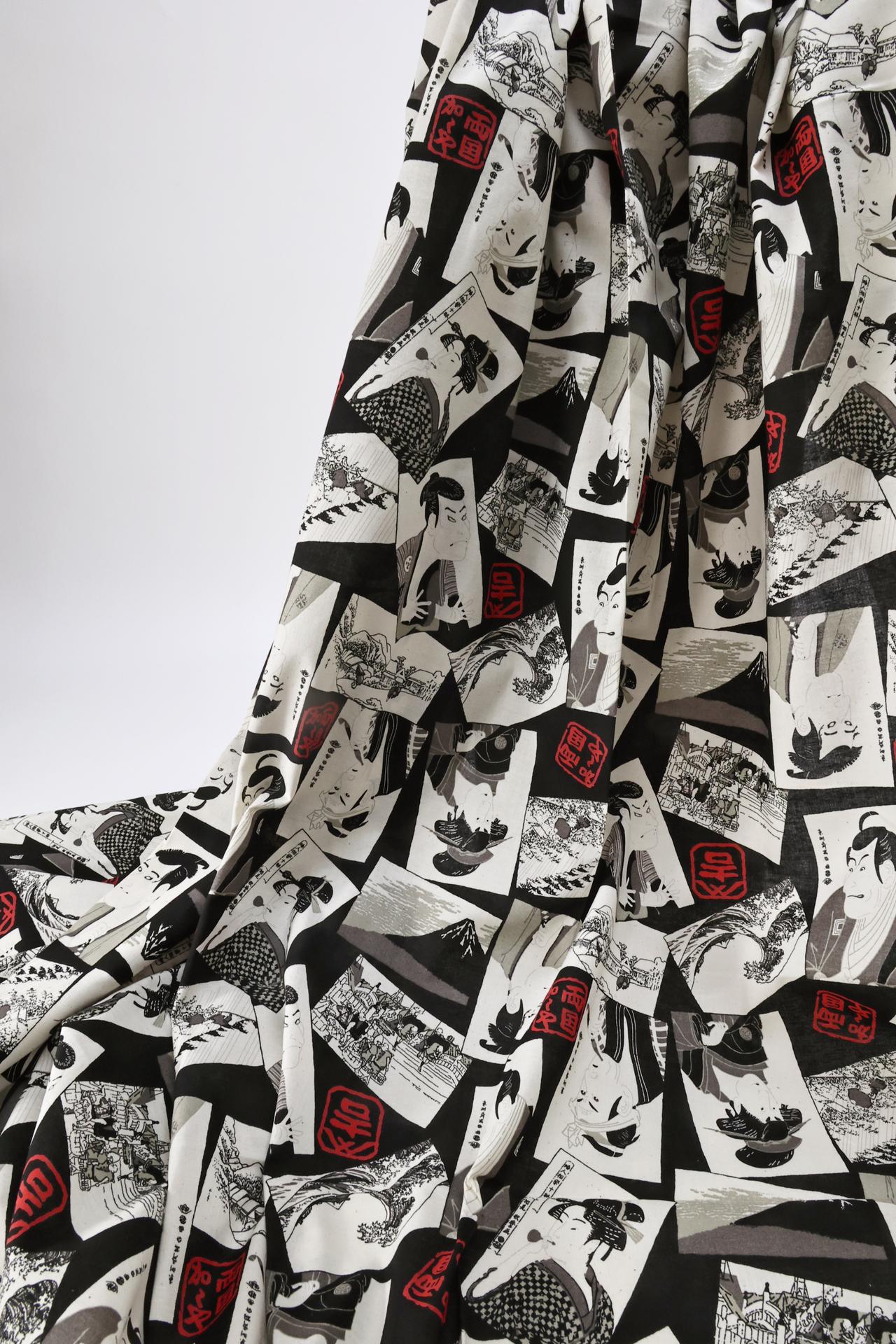 Japanese fabric – Kabuki portraits black background - DIY District
