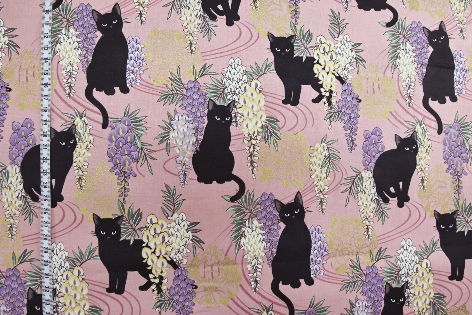 Black cat and Fuji flower fabric pink background - DIY District