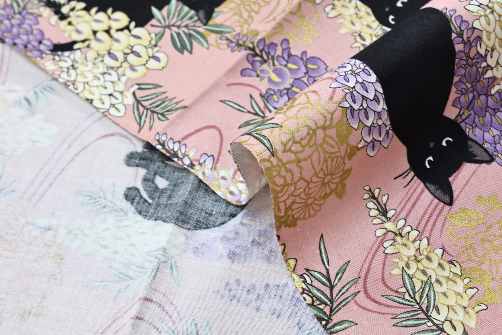 Black cat and Fuji flower fabric pink background - DIY District