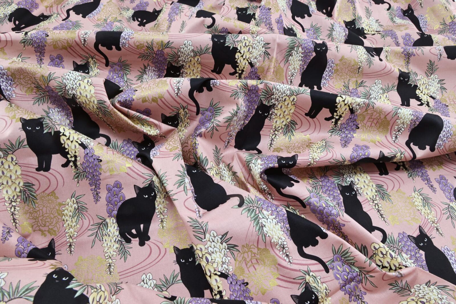 Black cat and Fuji flower fabric pink background - DIY District
