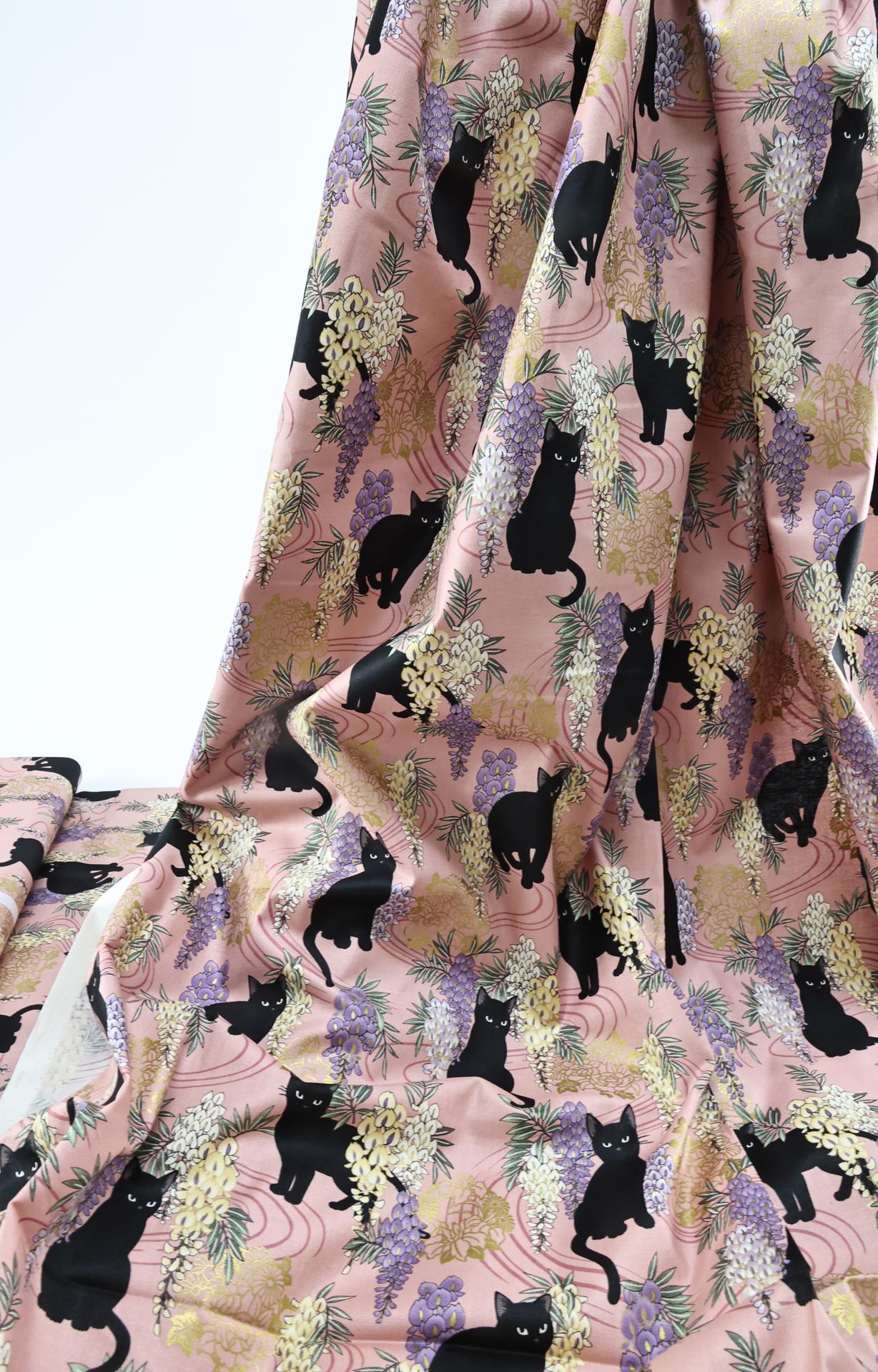 Black cat and Fuji flower fabric pink background - DIY District